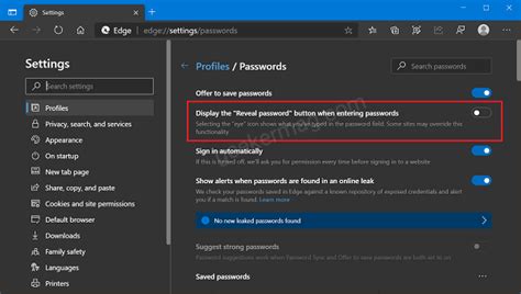enable or disable reveal password button in microsoft edge
