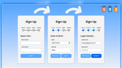 create multi step registration form using html css and javascript