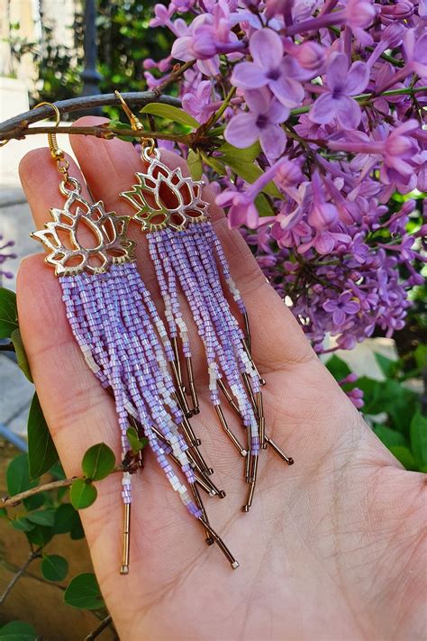 Long Dangling Beaded Earrings Nature Inspired Jewelry Shiny Purple