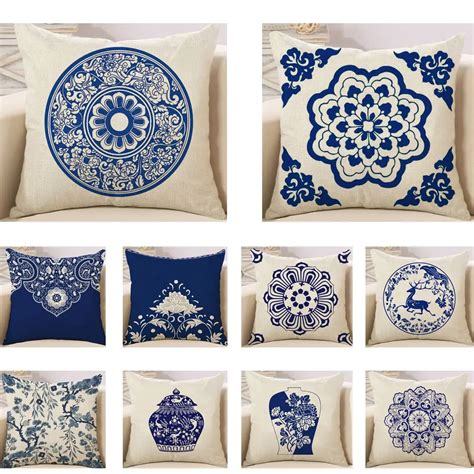 Porcelain Chinese Style Cushion Cover Porcelain Blue Pillow Blue