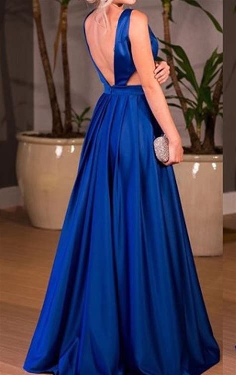 Macloth Deep V Neck Satin Long Prom Dress Royal Blue Formal Evening Go