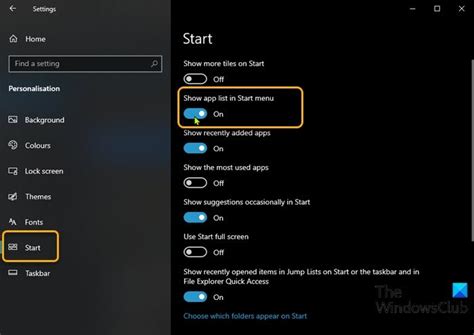 how to add or remove all apps list in start menu on