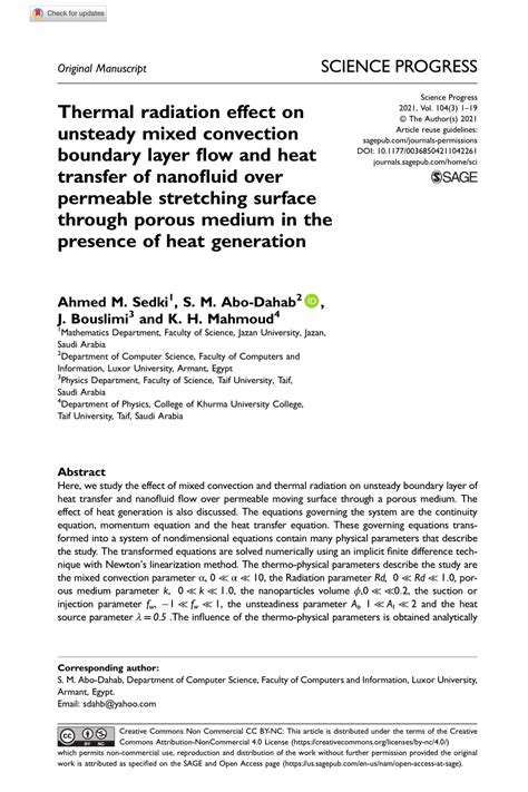 Pdf Thermal Radiation Effect On Unsteady Mixed Convection Boundary