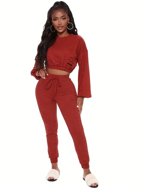 Solid Ripped Two Piece Set Crew Neck Lantern Sleeve Tops Temu Canada
