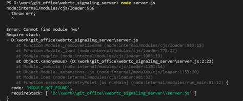 javascript node js getting cannot find module ws error stack