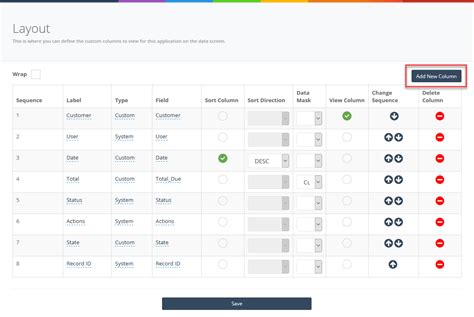 adding or removing data columns in the data page