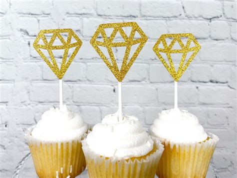 Set Of 12 Diamond Cupcake Topper Gold Glitter Wedding Etsy