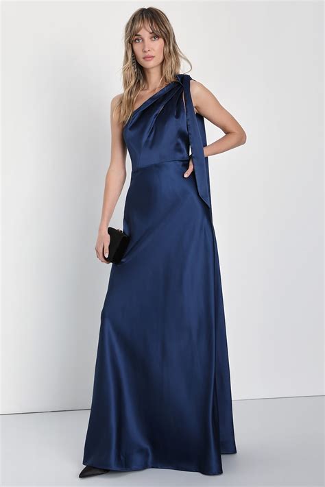 Navy Blue Maxi Dress Satin Maxi Dress One Shoulder Maxi Dress Lulus
