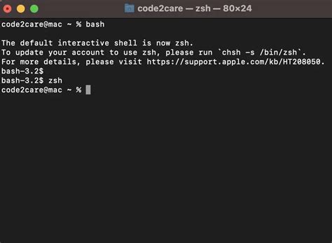 move from zsh to bash shell macos code2care