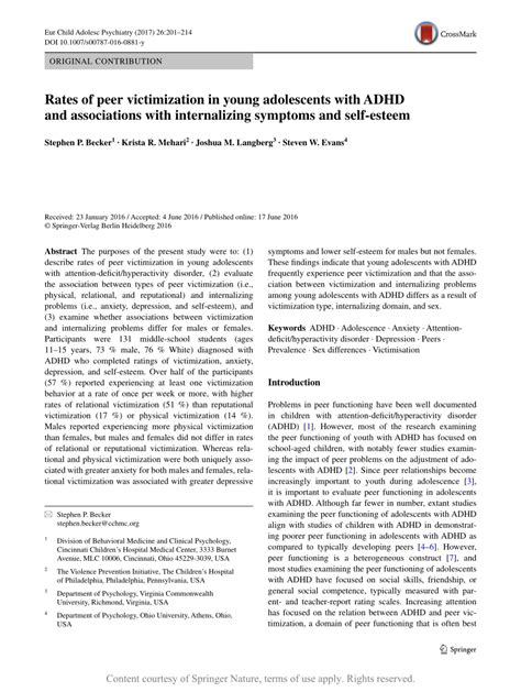 Rates Of Peer Victimization In Young Adolescents With Adhd And