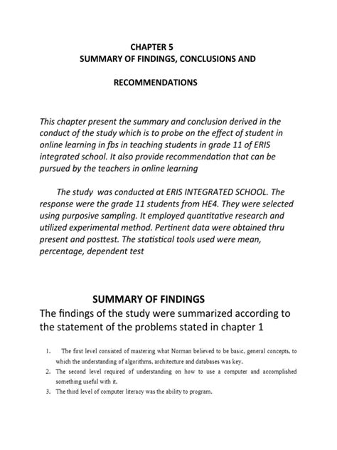 Chapter 5 Summary Of Findings J Conclusion And Recommendations Pdf