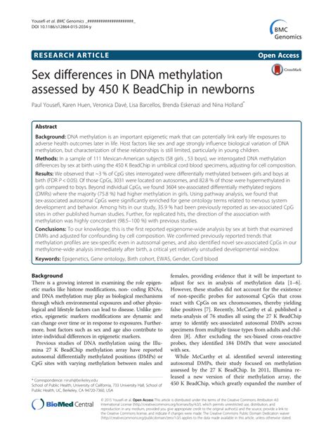 Pdf Sex Differences In Dna Methylation Assessed By 450 K Beadchip In