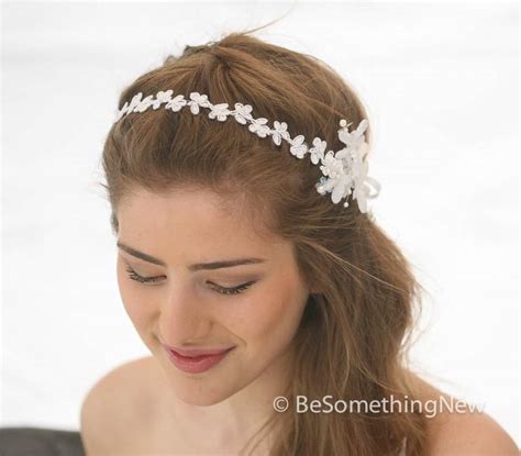 Wedding Flower And Daisy Lace Headband Pearl Tie Headpiece For Weddings