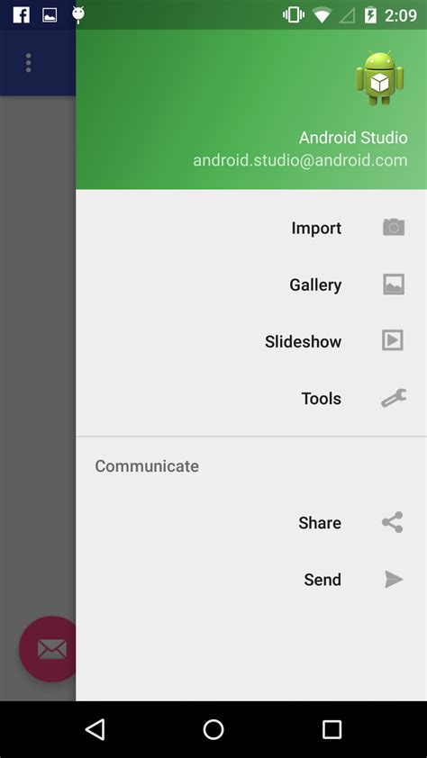 right to left navigation drawer menu using android design