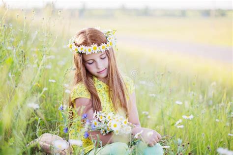 Beautiful Girl With Chamomile On Grass Stock Image Image Of European