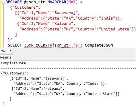 json query function in sql server 2016