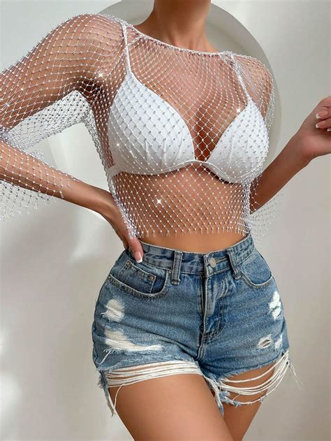 Shein Sxy Top Mit Strass Nieten Fischnetz Ohne Bh Aktuelle Trends