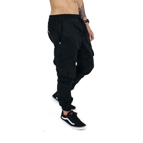 Calça Jogger Masculina Sarja Elástico Bolso Cargo Preto Compre Agora
