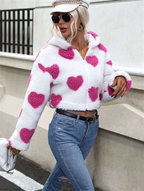 Shein Frenchy Heart Pattern Drop Shoulder Hooded Crop Teddy Jacket
