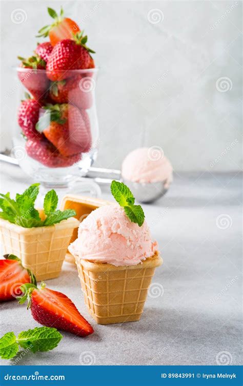 Waffle Cups With Strawberry Ice Cream Stock Image Image Of Snack