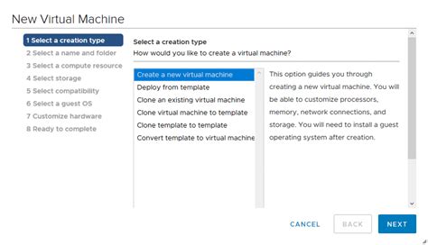 creating a new vm in vmware vsphere client 7