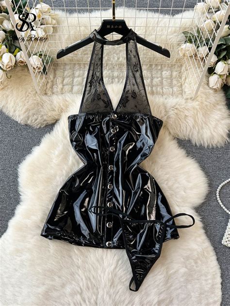 Singreiny Mesh Spliced Pu Leather Short Night Dress Women Backless