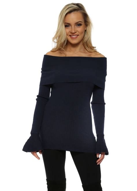 Navy Blue Fine Knit Off The Shoulder Jumper Off The Shoulder Jumper