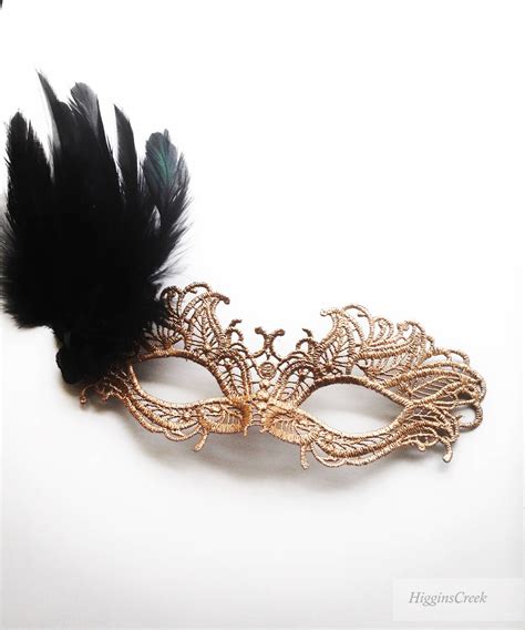 Feather Lace Mask Gold Masquerade Mask Black Feathers Etsy