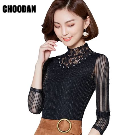 Lace Blouse Shirt Elegant Turtleneck Long Sleeve Women Shirts Autumn