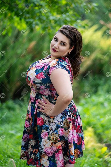 Happy Plus Size Fashion Model In Floral Dress Outdoors Beautiful Fat