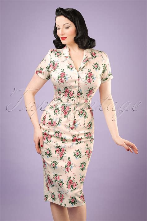 40s Caterina Floral Pencil Dress In Beige
