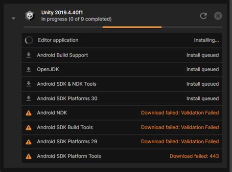 unity editor module download failed validation failed and download