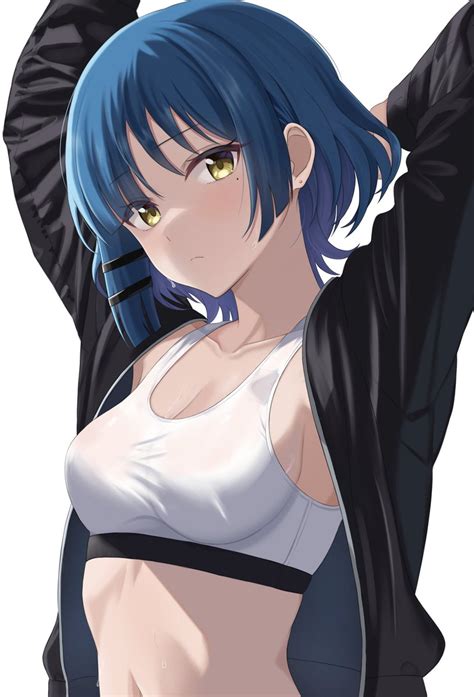 1girl Solo Breasts Blue Hair Yellow Eyes Short Hair Mole Illustration