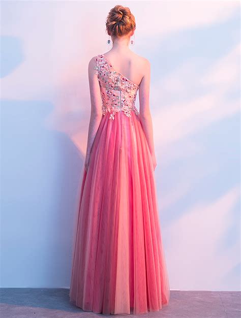 Fashion And Elegant Pink Tulle One Shoulder Prom Party Long Dress