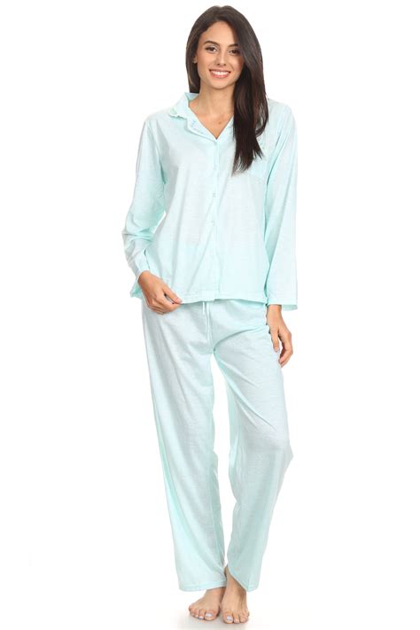 2126 Womens Sleepwear Pajamas Woman Long Sleeve Button Down Set Green