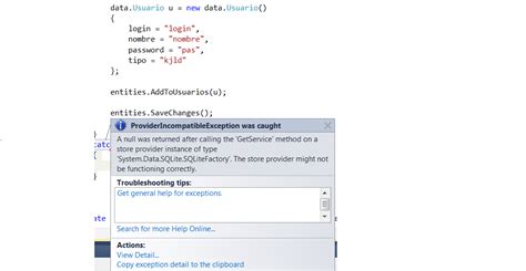c unable to find the requested framework data provider sqlite