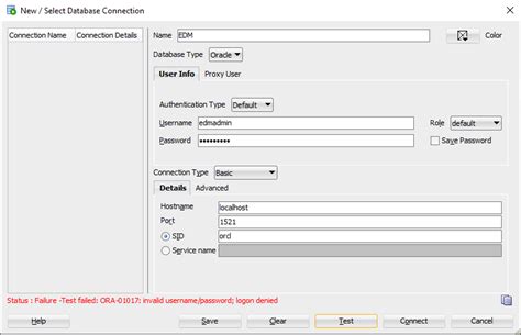 oracle11g unable to create new connection in oracle sql developer
