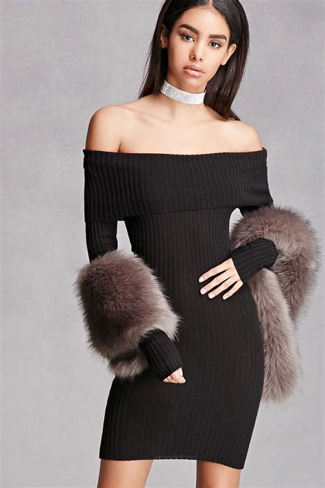 A Ribbed Knit Bodycon Dress Featuring An Off The Shoulder Neckline