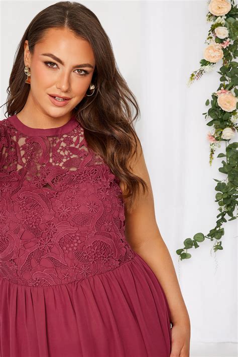 Plus Size Yours London Curve Burgundy Red Lace Front Chiffon Maxi Dress