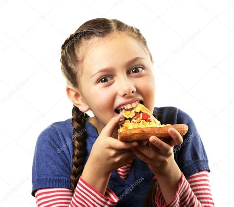 Menina Comendo Pizza Isolada Em Branco Fotos Imagens De © Belchonock