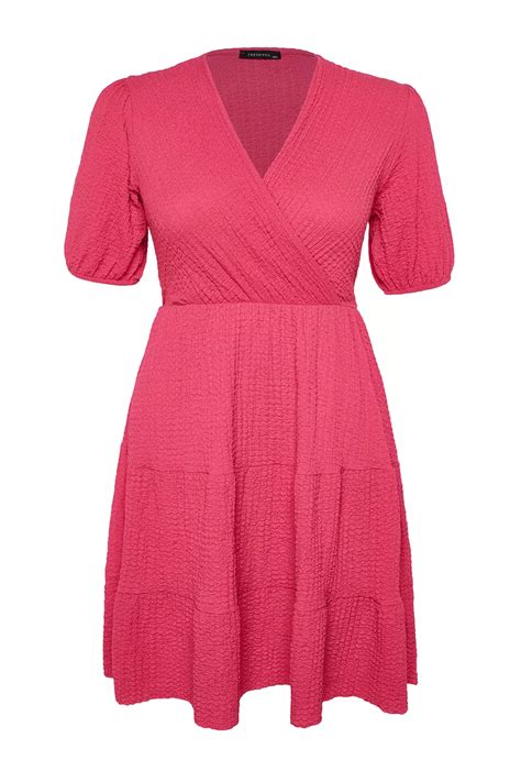 Buy Trendyol Plus Size Fuchsia Double Breasted Collar Knitted Dress