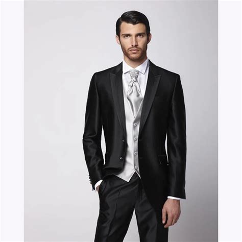 Slim Fit Shiny Black Peaked Lapel Mens Suits Two Buttons Silver Vest