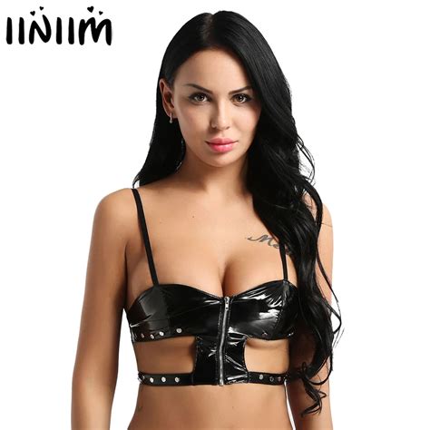 Womens Wetlook Faux Leather Lingerie Clubwear Spaghetti Straps Front
