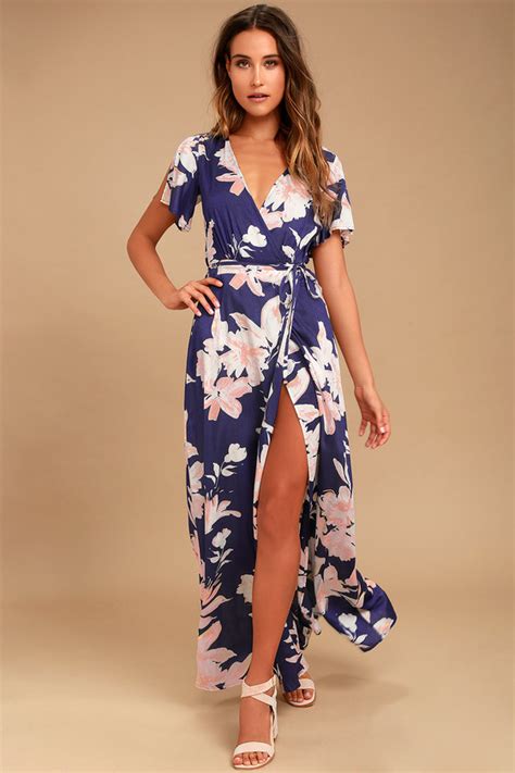 Navy Blue Floral Print Dress Wrap Dress Open Back Dress Lulus