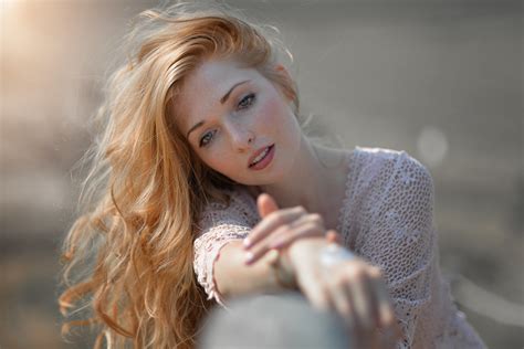 Wallpaper Women Redhead Model Depth Of Field Long Hair Blue Eyes