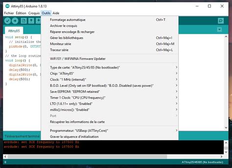 attiny85 usbasp programming works on arduino ide fails on platformio