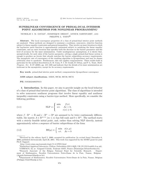 pdf superlinear convergence of primal dual interior point algorithms