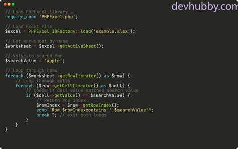how to get row by cell value in phpexcel