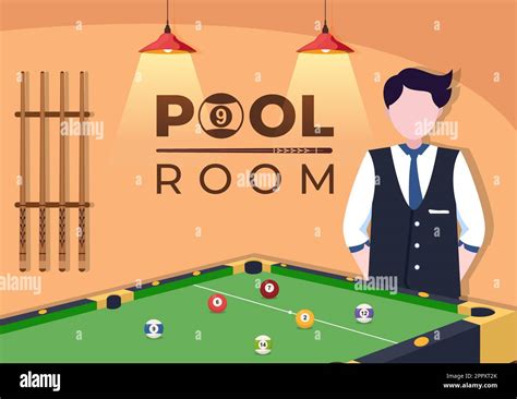 Billiards Game Hand Drawn Cartoon Flat Illustration With Player Pool