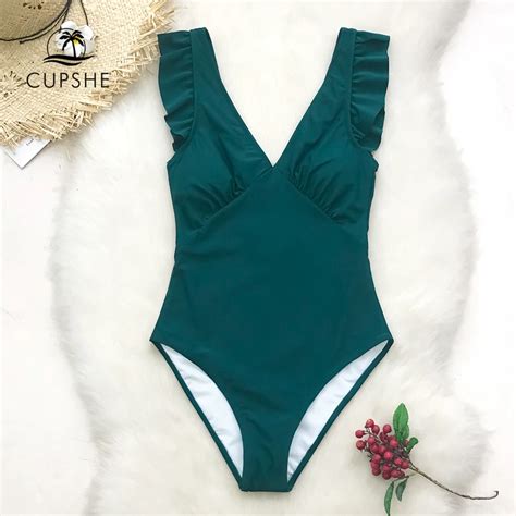 Cupshe Green Teal Plunging Solid One Piece Swimsuit Women Ruffle Ruched